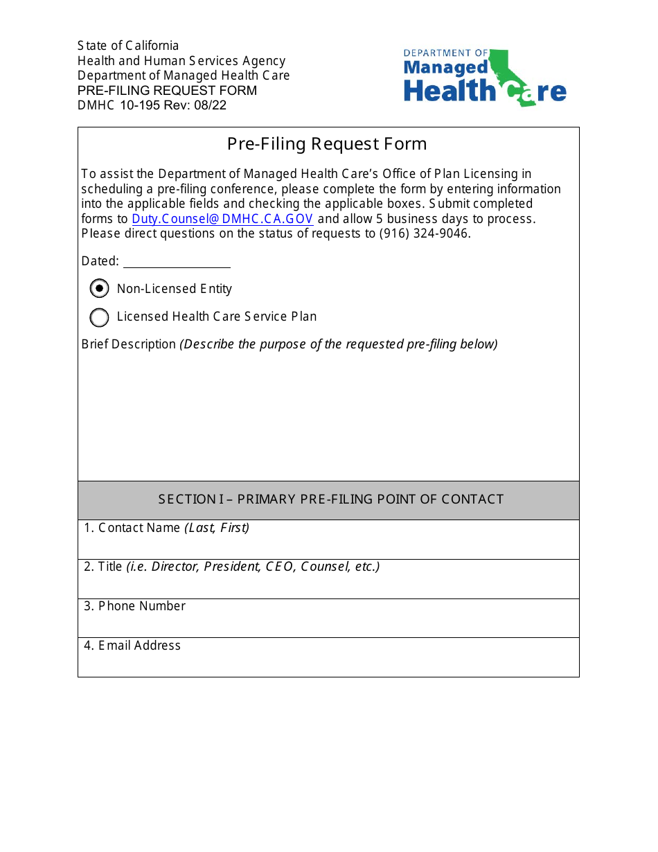Form DMHC10-195 Download Fillable PDF or Fill Online Pre-filing Request ...
