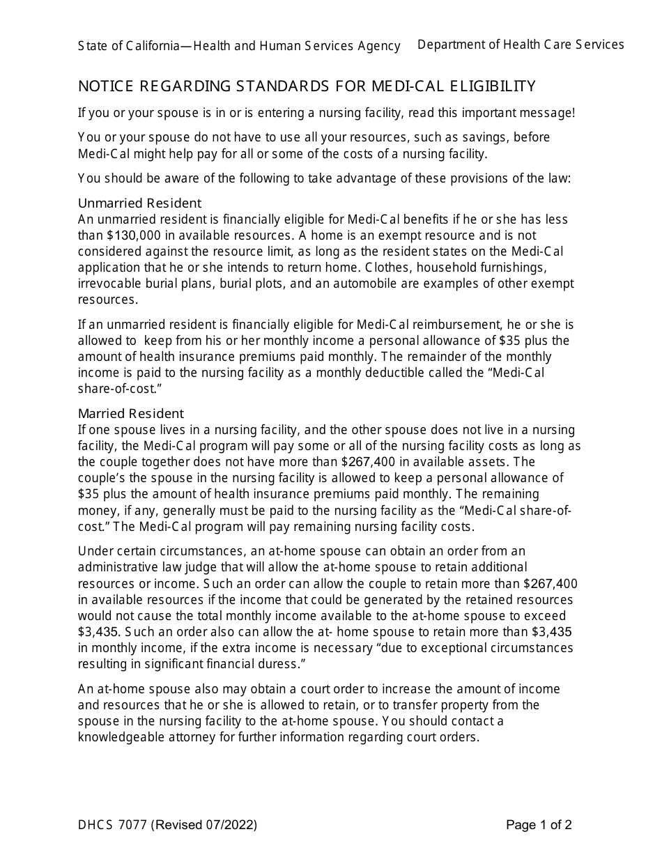 Form DHCS7077 Download Fillable PDF or Fill Online Notice Regarding ...