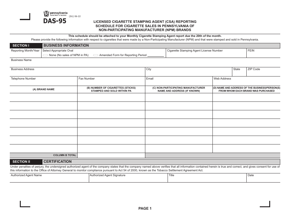 Form DAS-95 Download Printable PDF or Fill Online Licensed Cigarette ...