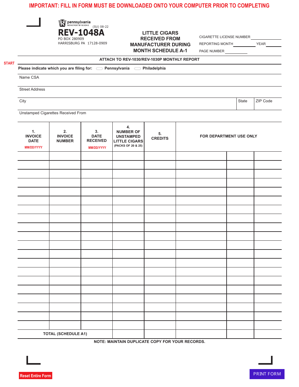 Form REV-1048A Schedule A-1 Download Fillable PDF or Fill Online Little ...