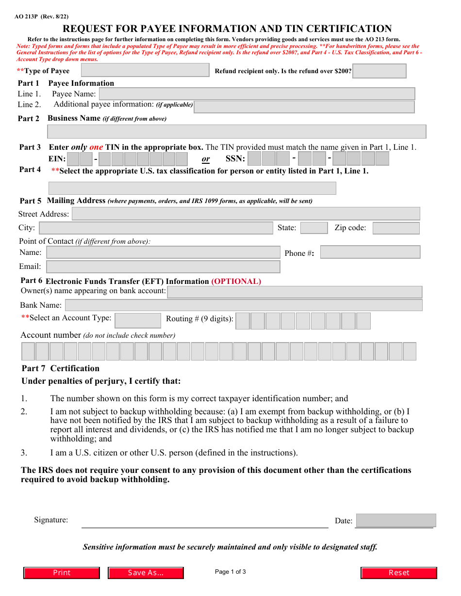 Form AO213P - Fill Out, Sign Online and Download Fillable PDF ...
