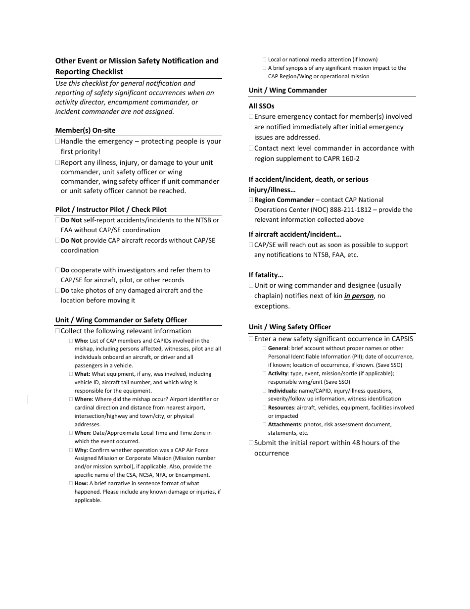 Other Event or Mission Safety Notification and Reporting Checklist ...