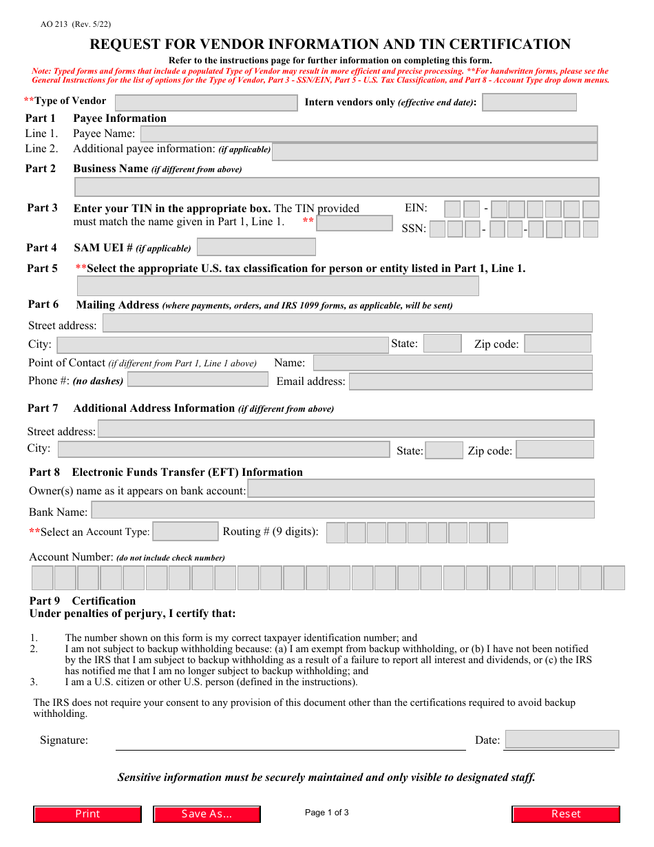 Form AO213 Download Fillable PDF or Fill Online Request for Vendor ...