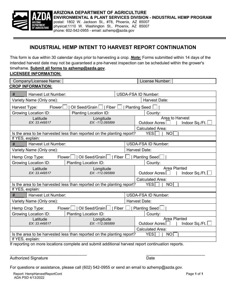 Arizona Industrial Hemp Intent to Harvest Report Continuation - Fill ...