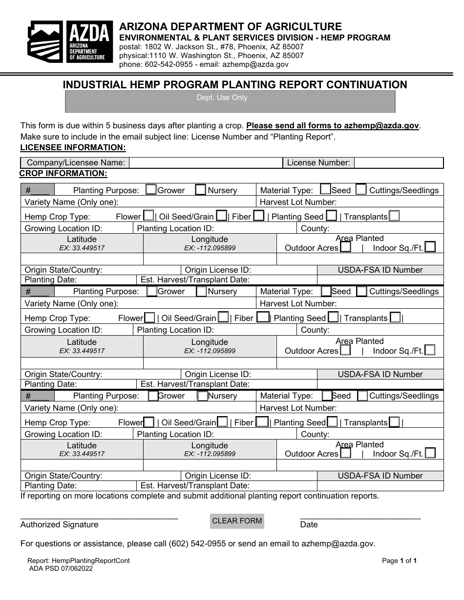 Arizona Planting Report Continuation - Industrial Hemp Program - Fill ...