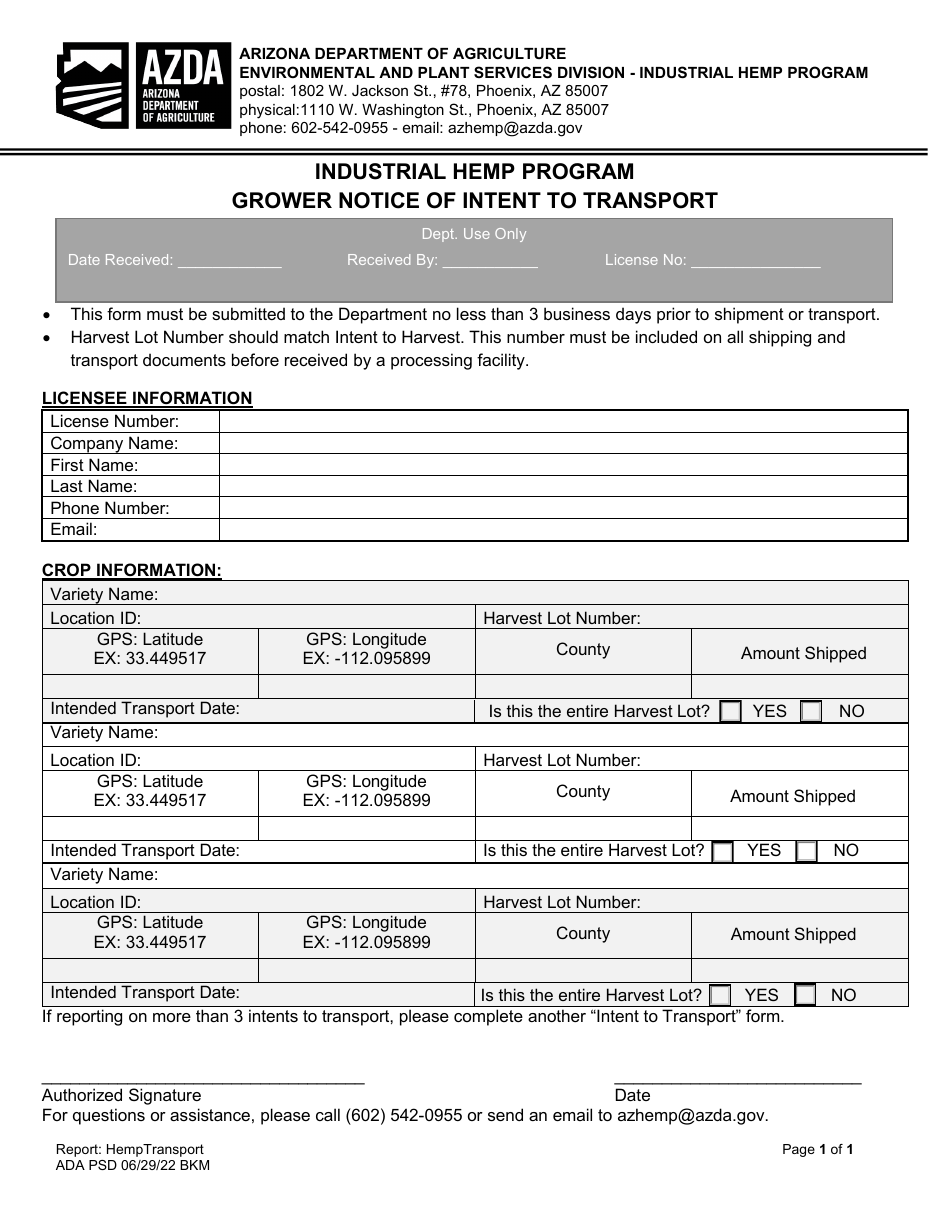 Arizona Grower Notice of Intent to Transport - Industrial Hemp Program ...