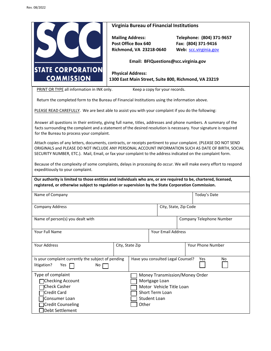 Virginia Complaint Form - Fill Out, Sign Online and Download PDF | Templateroller