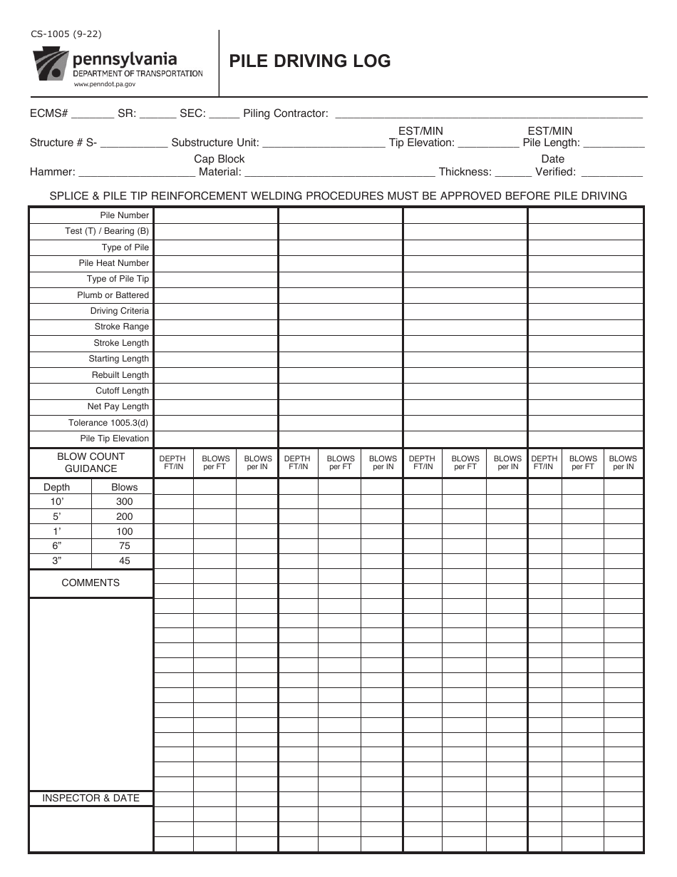 Form CS-1005 Download Fillable PDF or Fill Online Pile Driving Log ...