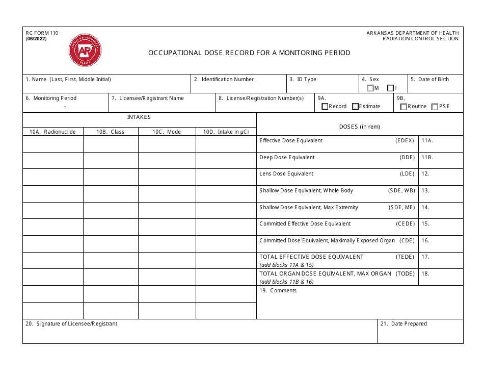 RC Form 110 Download Fillable PDF or Fill Online Occupational Dose ...