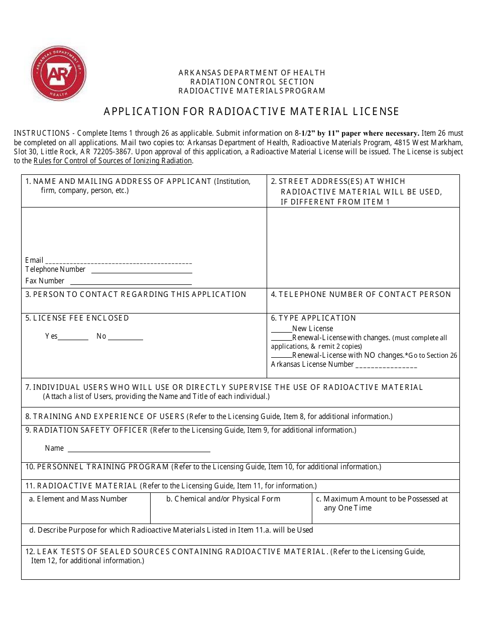Arkansas Application for Radioactive Material License Download ...