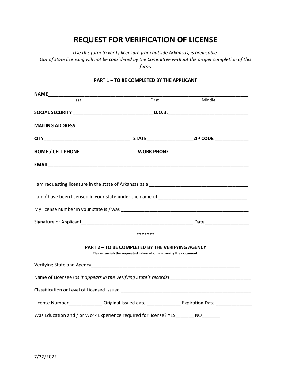 Arkansas Request for Verification of License - Fill Out, Sign Online ...