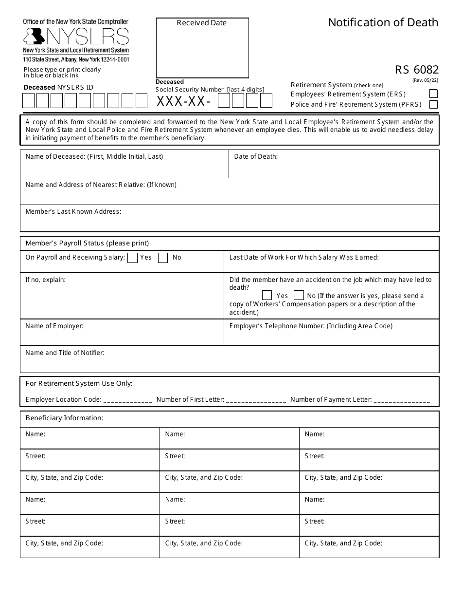 Form RS6082 Download Fillable PDF or Fill Online Notification of Death ...