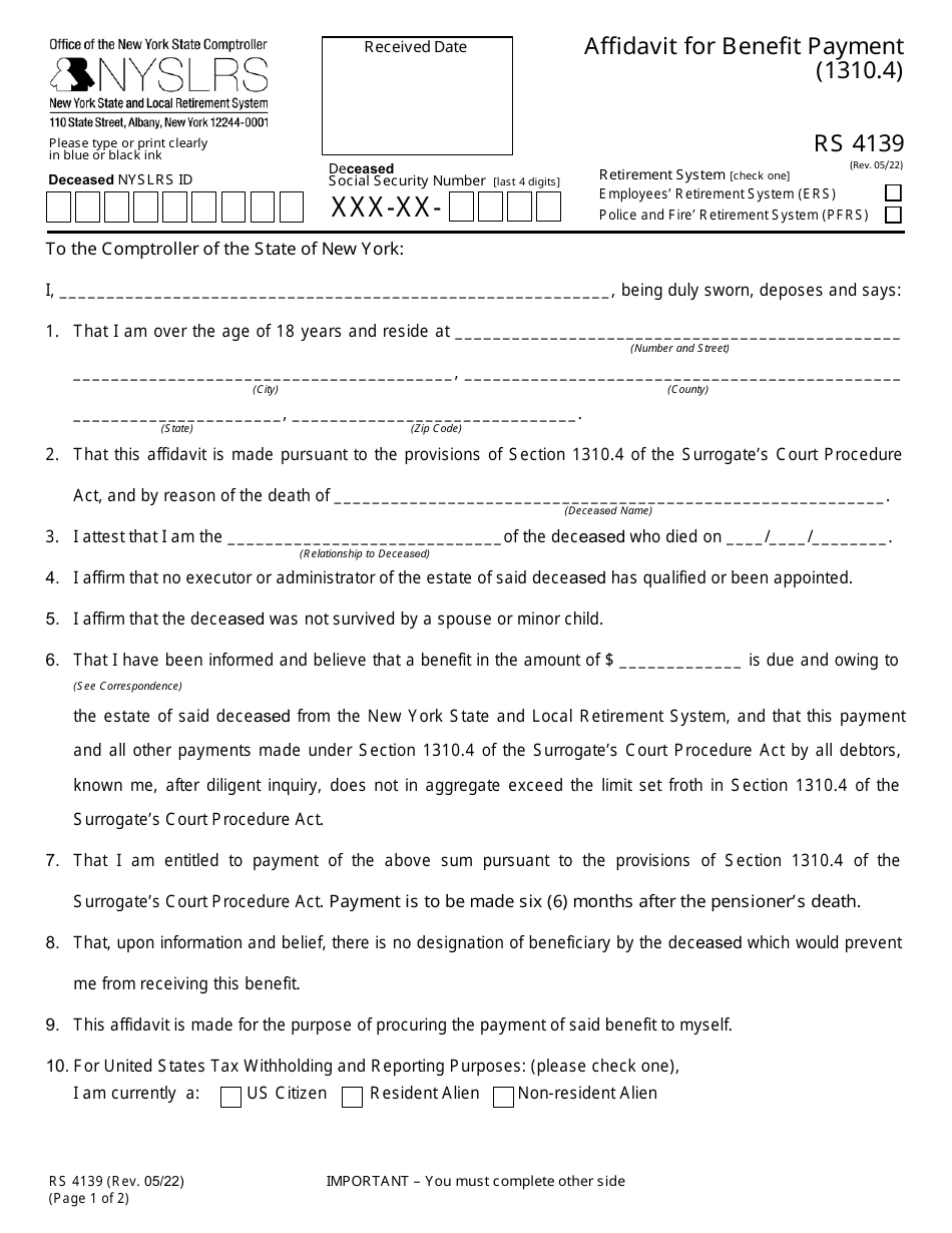Form RS4139 Download Fillable PDF or Fill Online Affidavit for Benefit ...