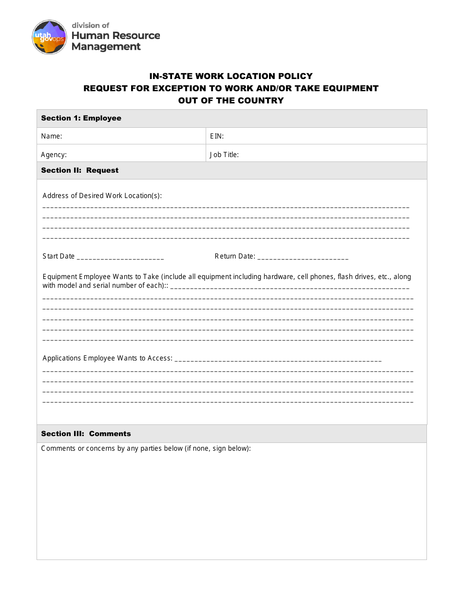 Utah In-state Work Location Policy Request for Exception to Work and/or ...