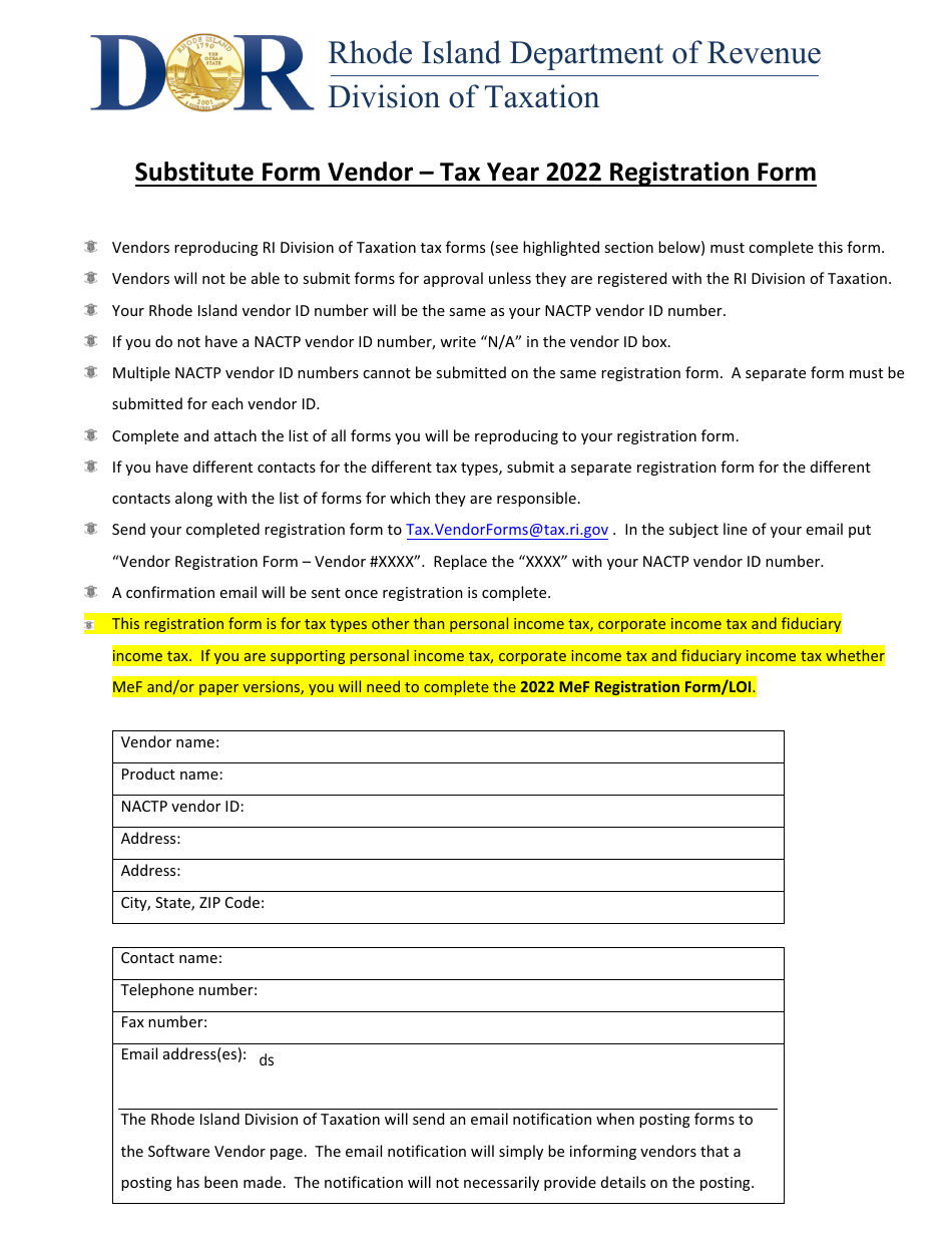 2022 Rhode Island Substitute Form Vendor Registration Form - Fill Out ...