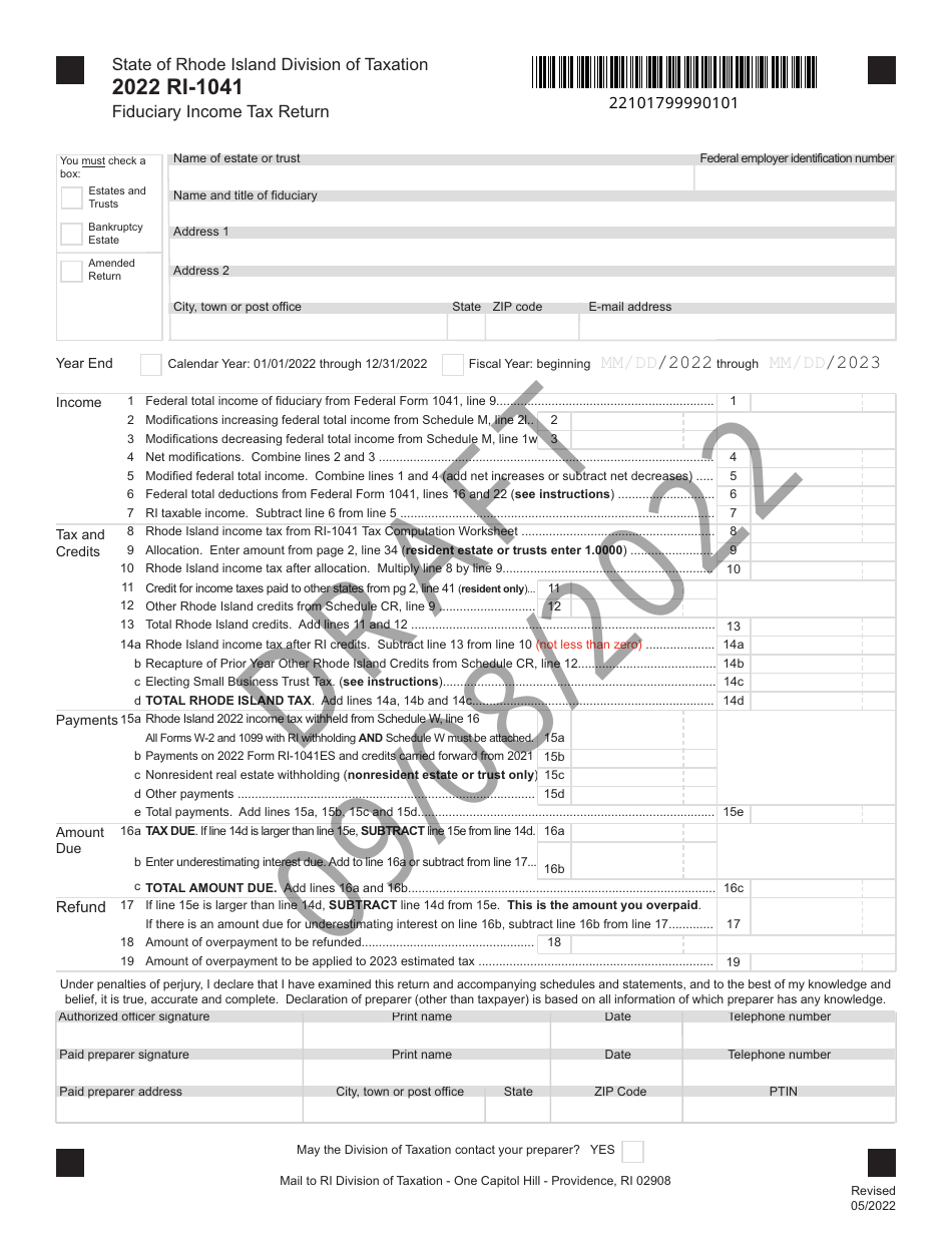 Form RI-1041 Download Printable PDF or Fill Online Fiduciary Income Tax Return - Draft - 2022 ...