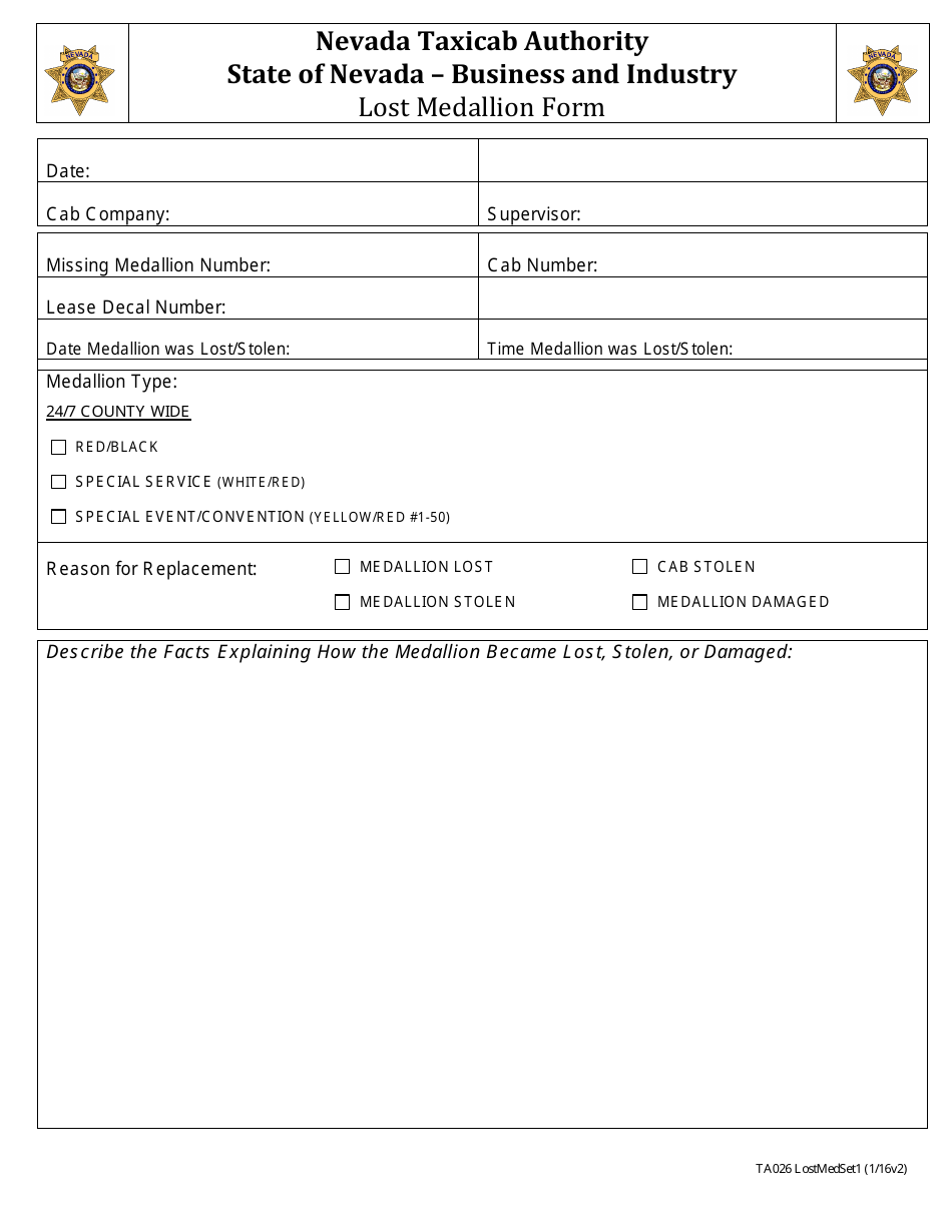 Form TA026 Download Printable PDF or Fill Online Lost Medallion Form ...