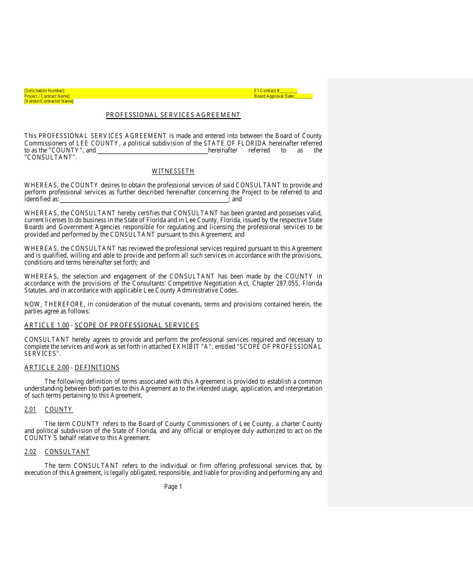Lee County, Florida Professional Services Agreement - Fill Out, Sign ...