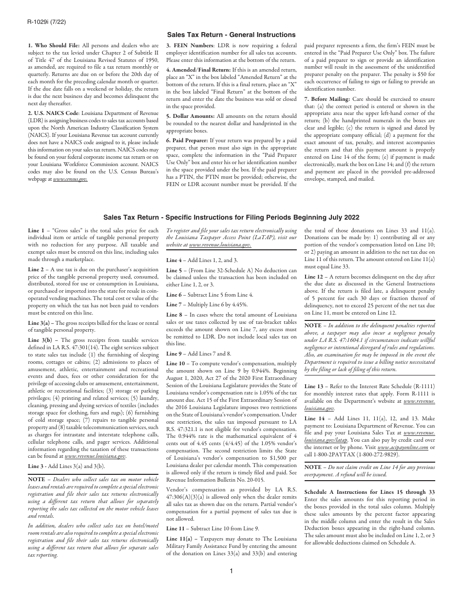 Download Instructions for Form R-1029 Sales Tax Return PDF | Templateroller