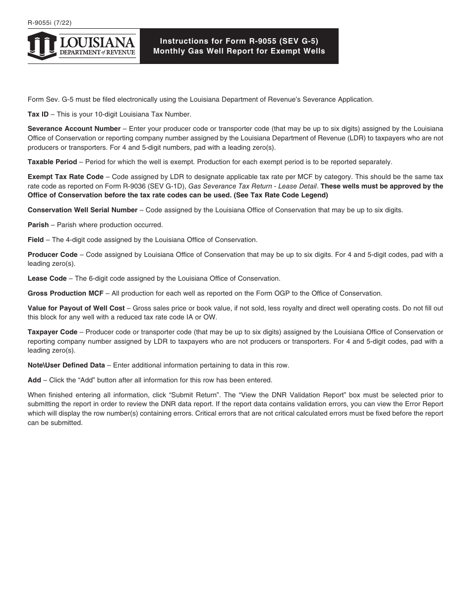 Download Instructions for Form R-9055, SEV G-5 Monthly Gas Well Report ...
