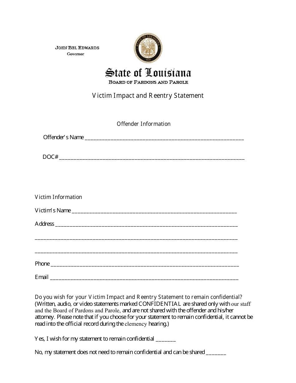 Louisiana Clemency Victim Impact and Reentry Statement - Fill Out, Sign ...