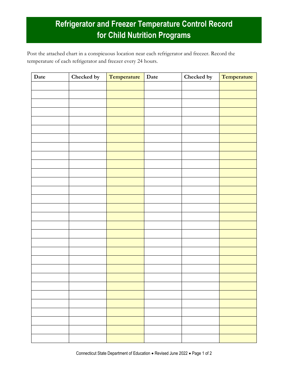 Connecticut Refrigerator and Freezer Temperature Control Record for ...