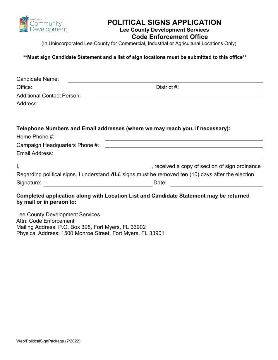 Lee County, Florida Political Signs Application Download Fillable PDF ...