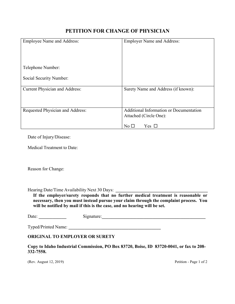 Idaho Petition for Change of Physician - Fill Out, Sign Online and ...