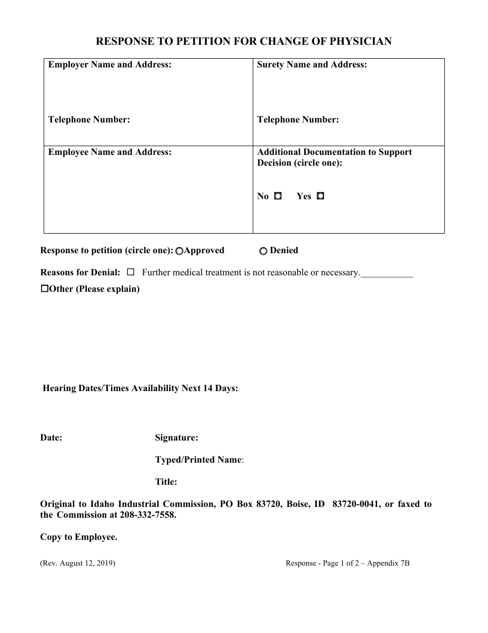 Idaho Response to Petition for Change of Physician - Fill Out, Sign ...