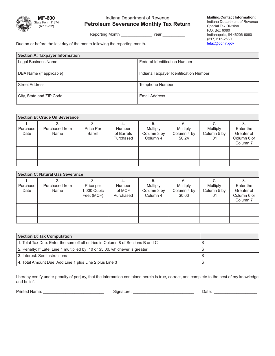 Form MF-600 (State Form 11874) - Fill Out, Sign Online and Download ...