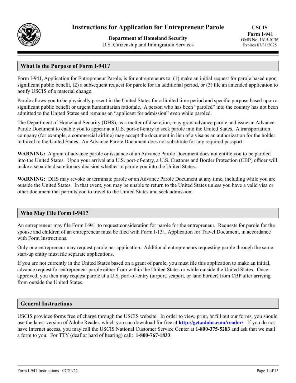 Download Instructions for USCIS Form I-941 Application for Entrepreneur Parole PDF | Templateroller