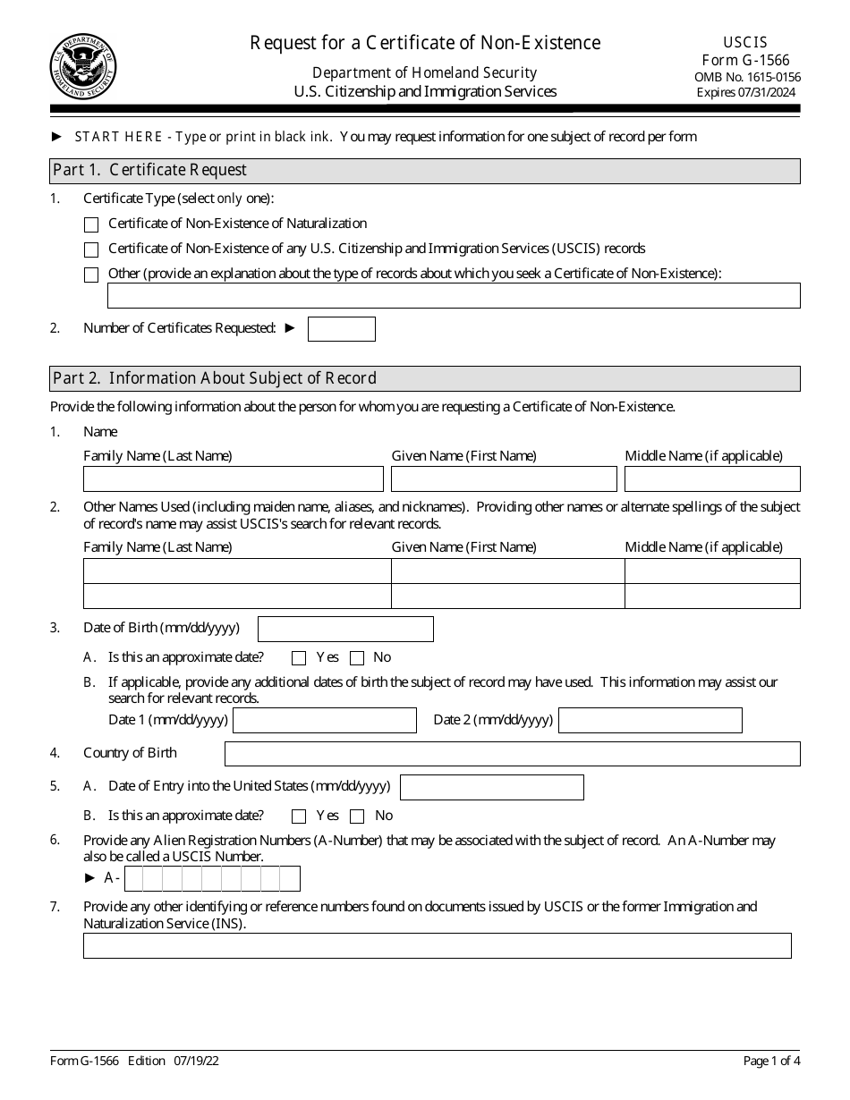 USCIS Form G-1566 - Fill Out, Sign Online and Download Fillable PDF ...
