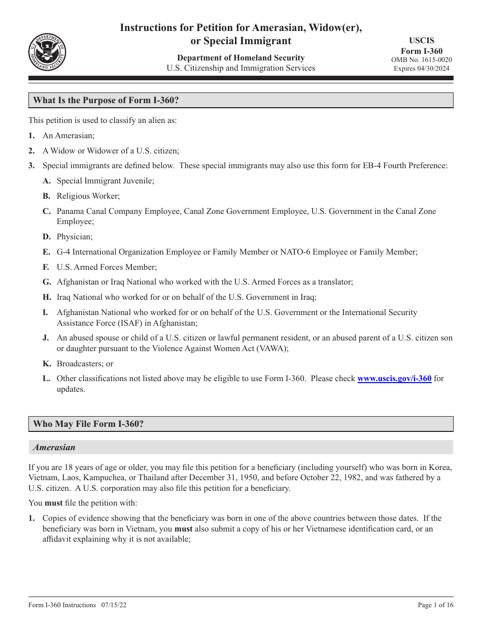 Download Instructions for USCIS Form I-360 Petition for Amerasian ...