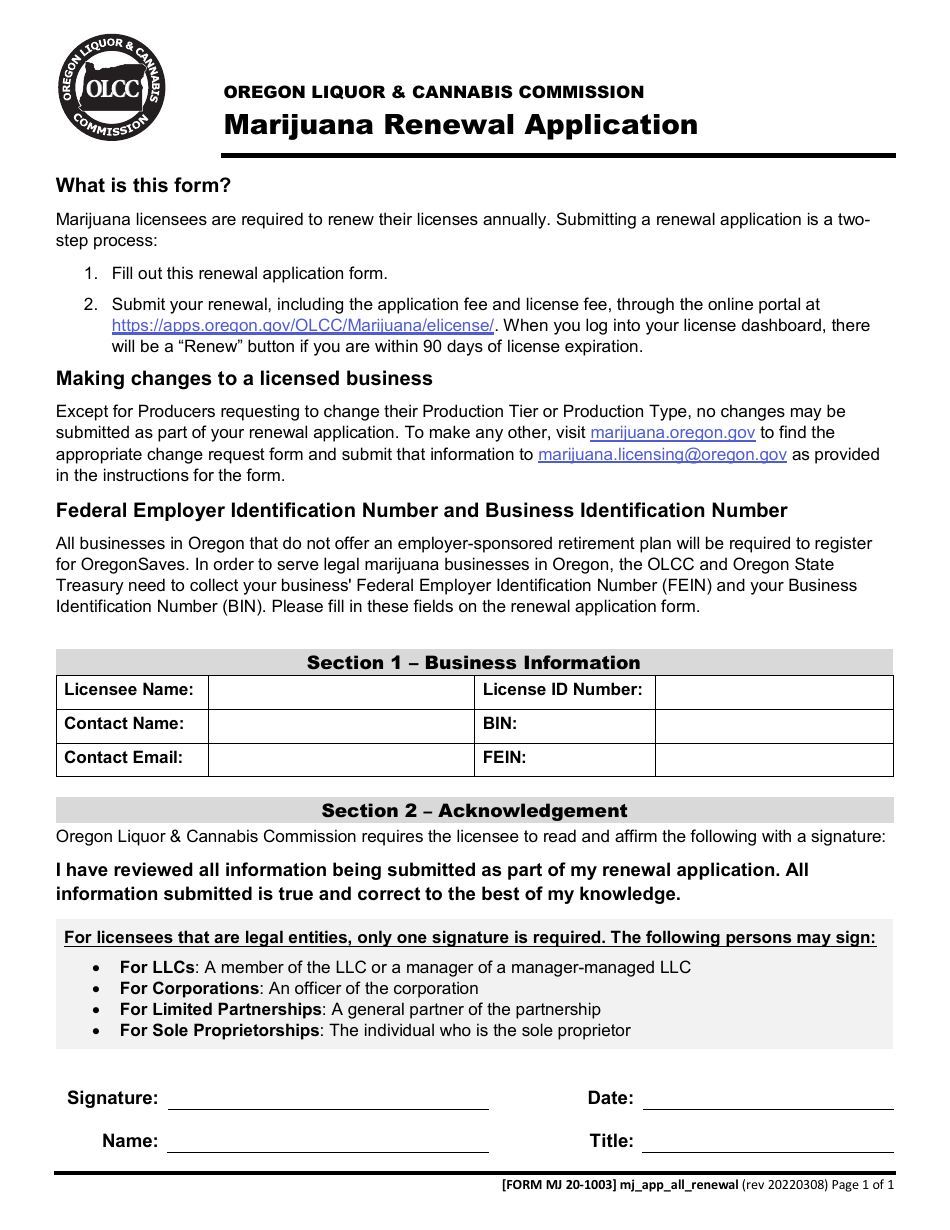 Form MJ20-1003 Download Fillable PDF or Fill Online Marijuana Renewal ...
