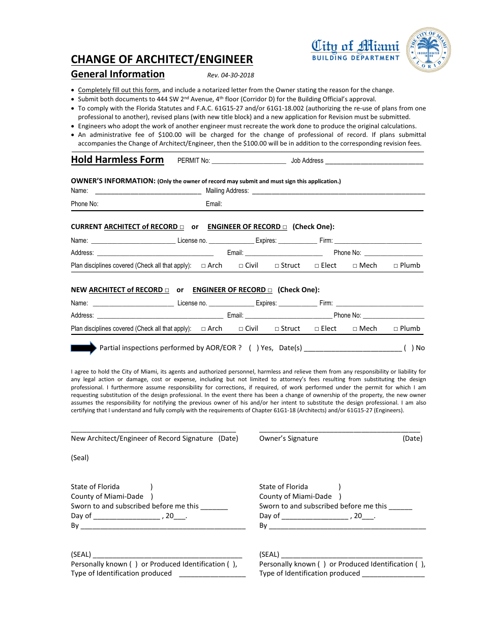 City of Miami, Florida Change of Architect/Engineer - Fill Out, Sign ...