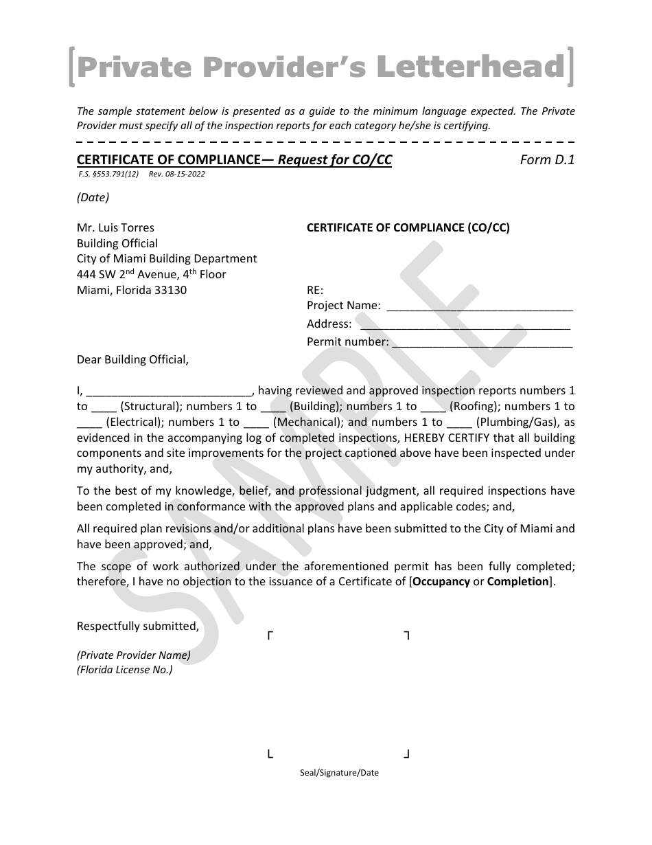 Form D.1 Download Printable PDF or Fill Online Certificate of ...