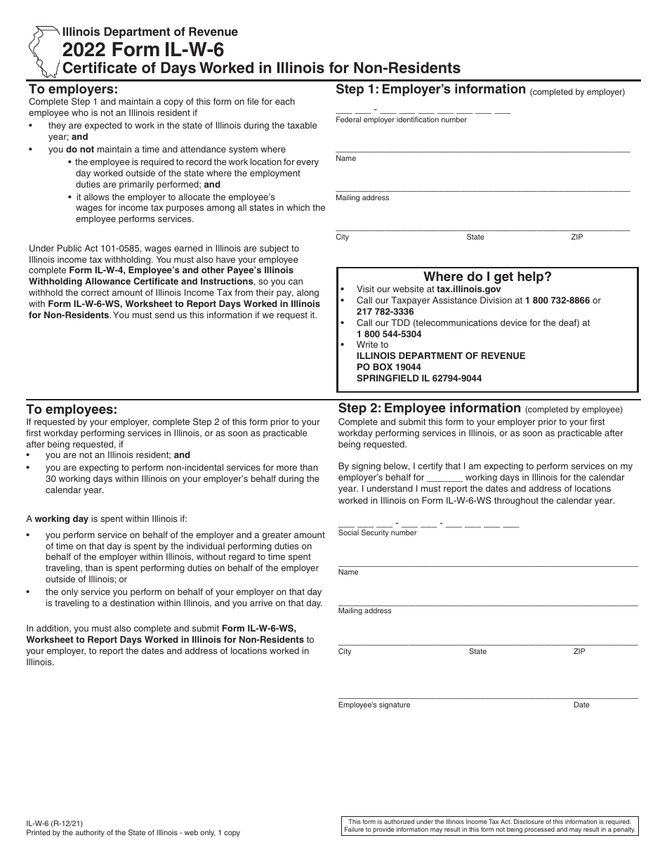Form IL-W-6 Download Printable PDF or Fill Online Certificate of Days ...