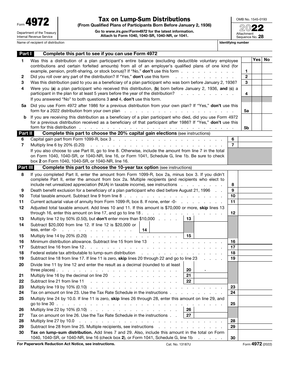 IRS Form 4972 Download Fillable PDF or Fill Online Tax on Lump-Sum Distributions (From Qualified ...