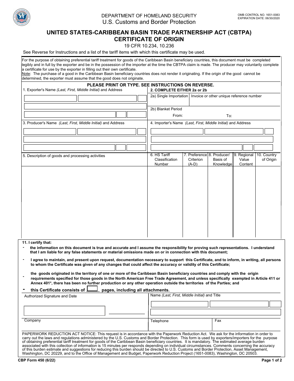 CBP Form 450 - Fill Out, Sign Online and Download Fillable PDF ...