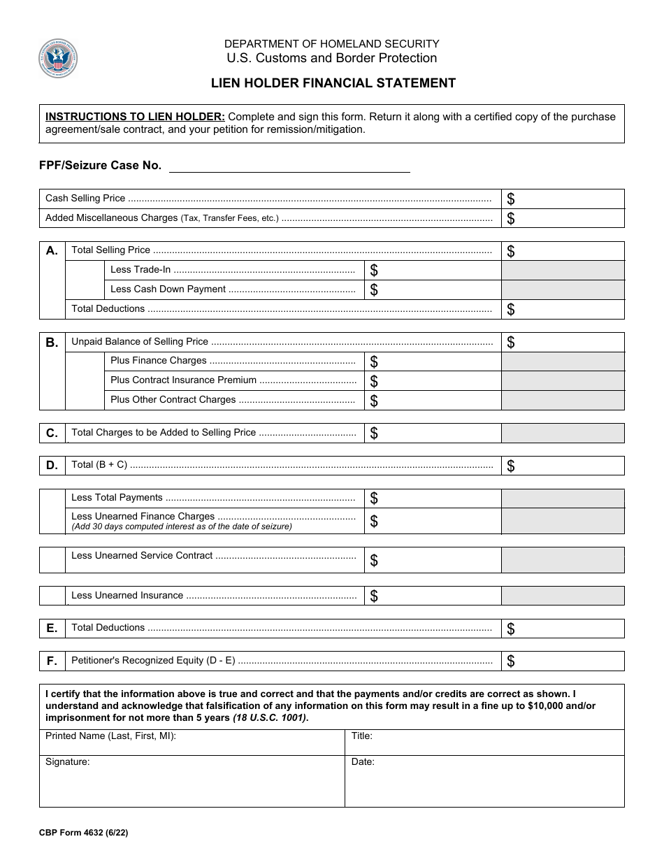 CBP Form 4632 Download Fillable PDF or Fill Online Lien Holder ...