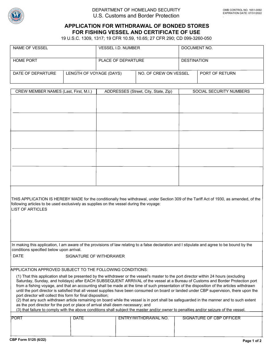 CBP Form 5125 Download Fillable PDF or Fill Online Application for ...
