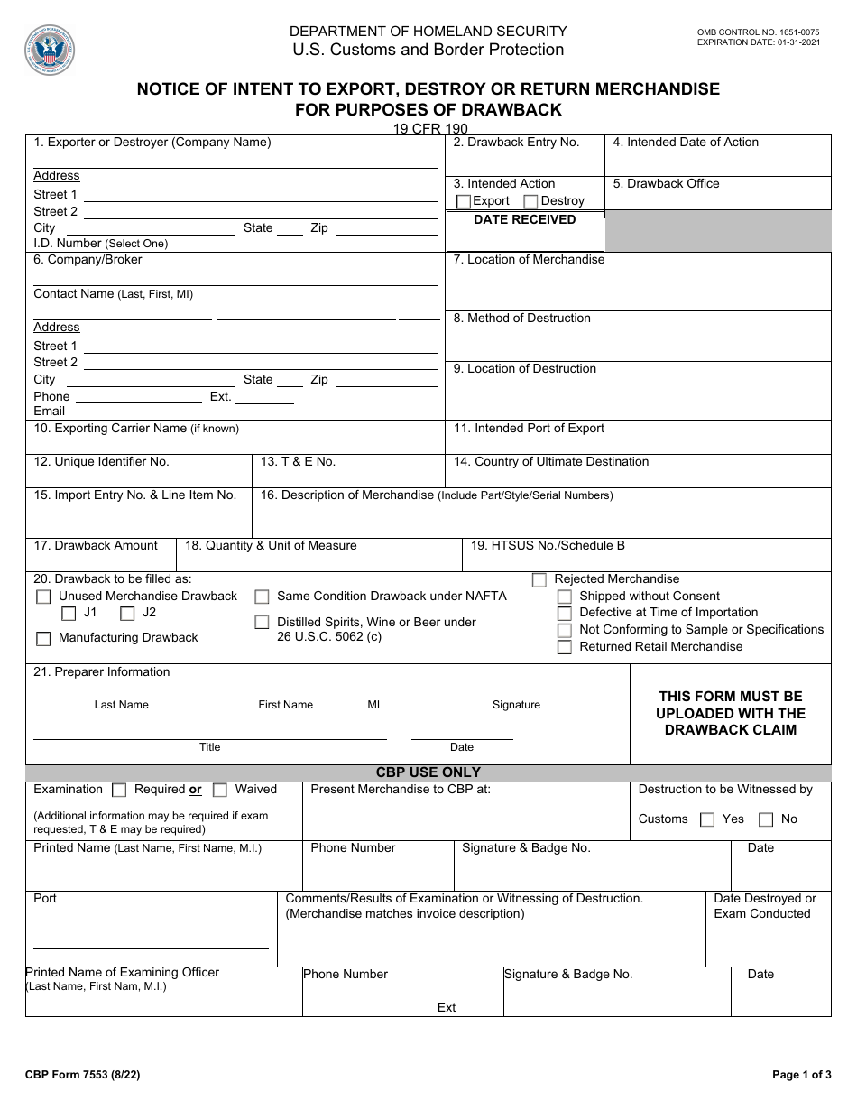 CBP Form 7553 Download Fillable PDF or Fill Online Notice of Intent to ...