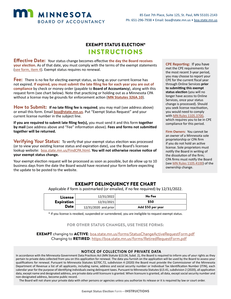 Minnesota Exempt Status Election Form Download Fillable PDF ...