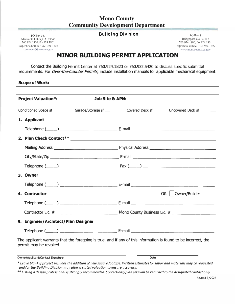 Mono County, California Minor Building Permit Application - Fill Out ...