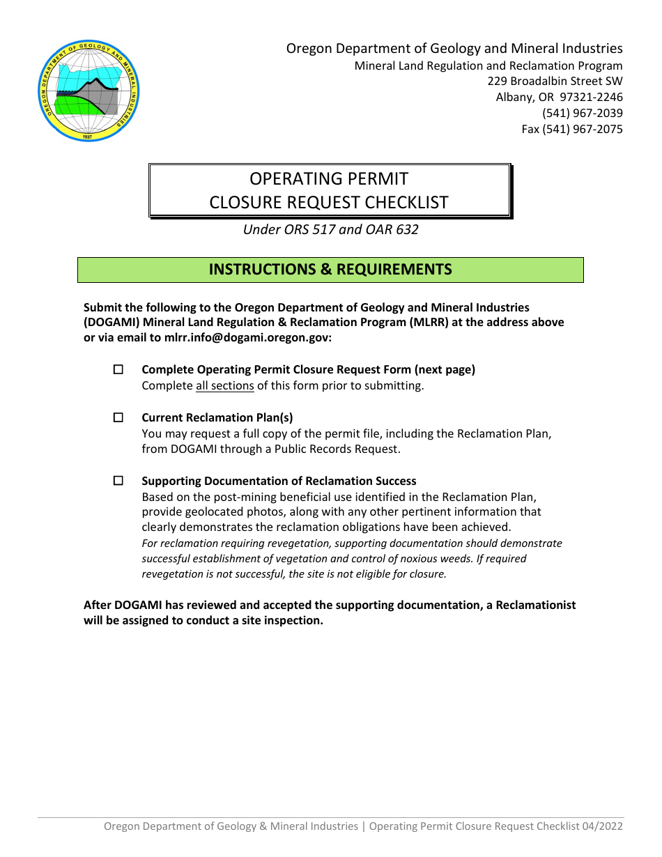 Oregon Operating Permit Closure Request Checklist - Fill Out, Sign ...