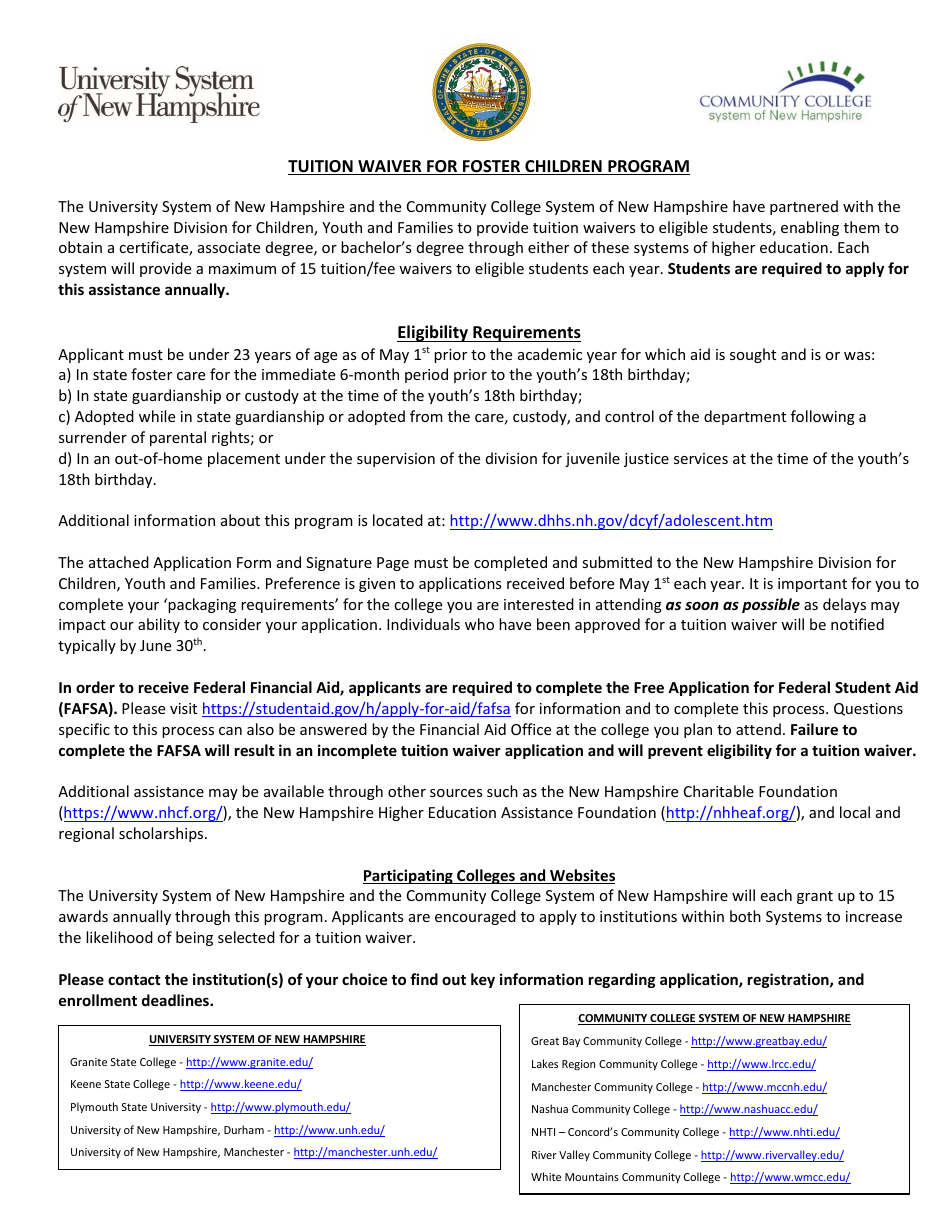 New Hampshire Application Form - Tuition Waiver for Foster Children ...