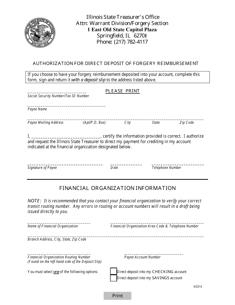 Illinois Authorization for Direct Deposit of Forgery Reimbursement ...