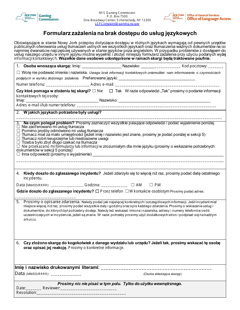 New York Language Access Complaint Form (Polish) - Fill Out, Sign ...