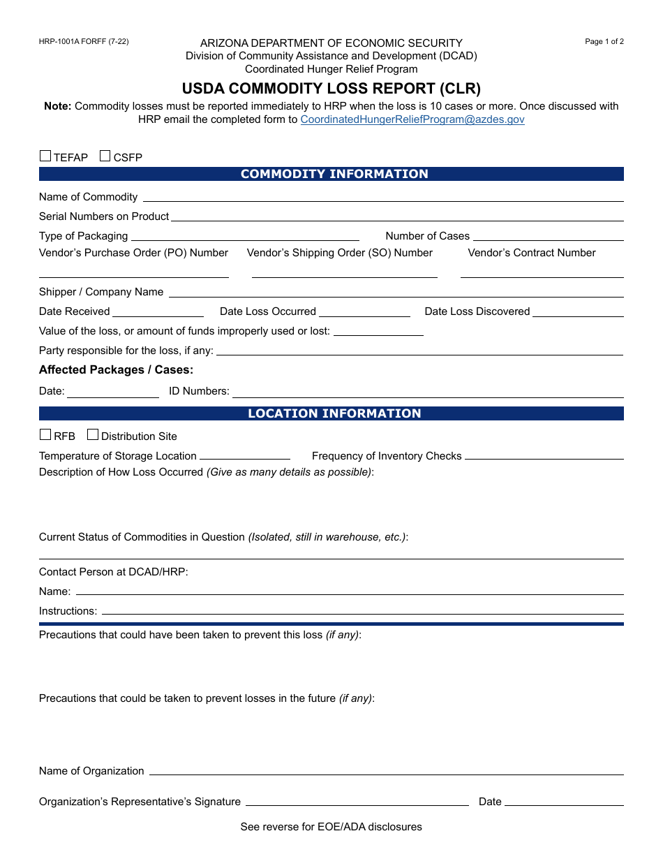 Form HRP-1001A Download Fillable PDF or Fill Online Usda Commodity Loss ...