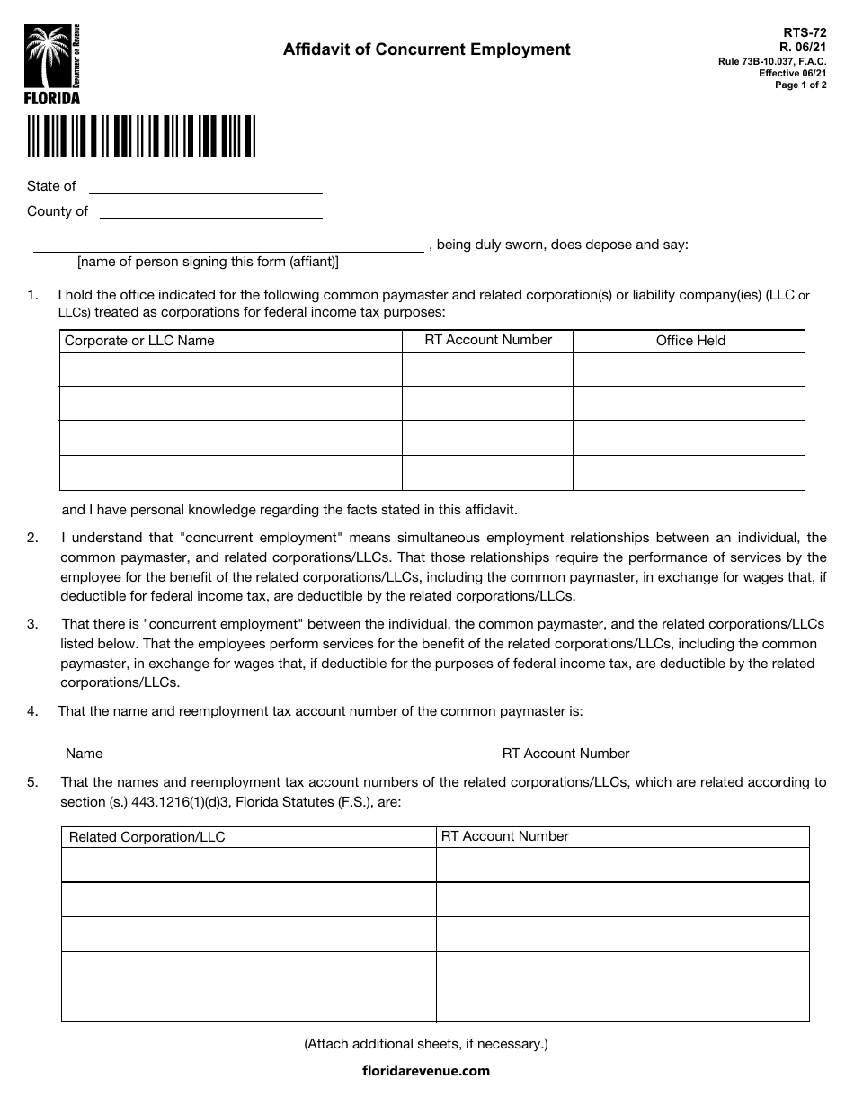 Form RTS-72 Download Fillable PDF or Fill Online Affidavit of ...